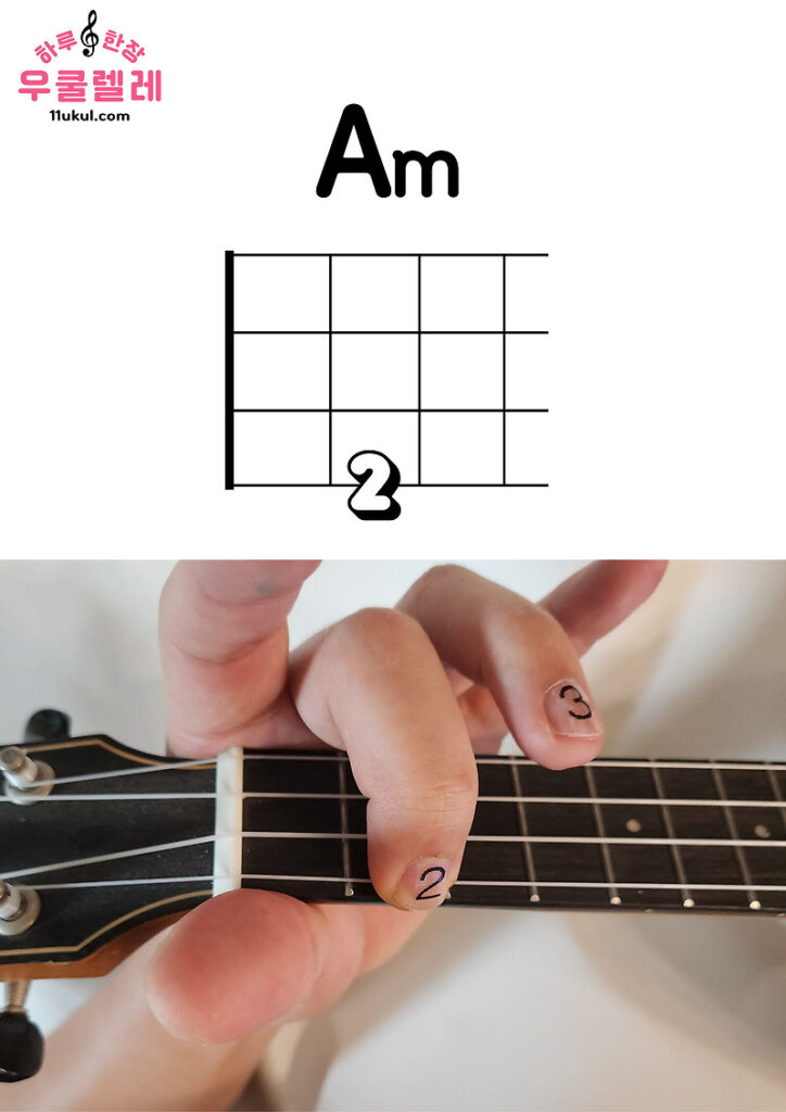 우쿨렐레 Am 코드 잡는 방법(운지법) Ukulele Am chord - 하루 한 장 우쿨렐레&기타[무료 코드 악보]