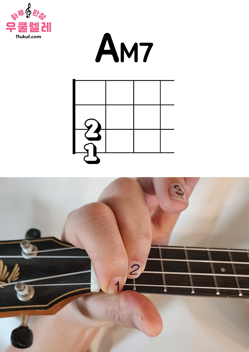 우쿨렐레 AM7 Amaj7 코드 잡는 방법(운지법) Ukulele AM7 Amaj7 chord - 하루한장우쿨렐레기타[무료 코드 악보]