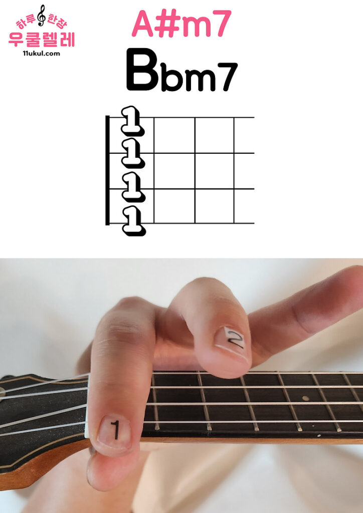 우쿨렐레 Bbm7 A#m7 코드 잡는 방법(운지법) Ukulele Bbm7 A#m7 chord - 하루한장우쿨렐레기타[무료 코드 악보]