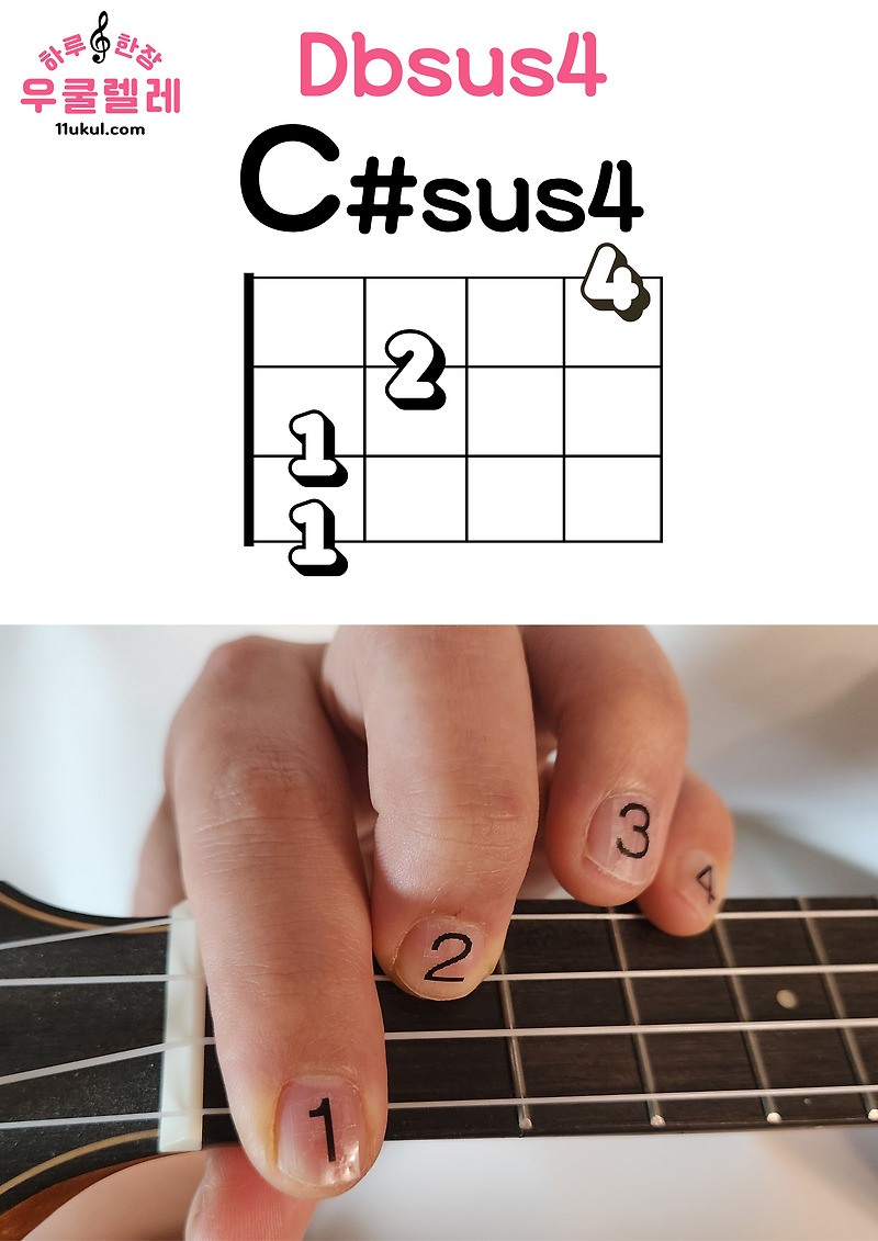 우쿨렐레 C#sus4 Dbsus4 코드 잡는 방법(운지법) Ukulele C#sus4 Dbsus4 chord - 하루 한 장 ...
