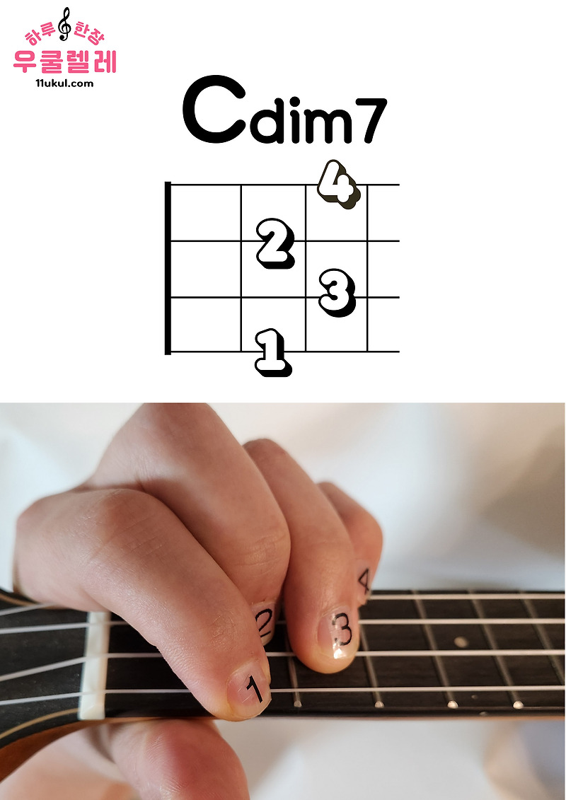 우쿨렐레 Cdim7 코드 잡는 방법(운지법) Ukulele Cdim7 chord - 하루 한 장 우쿨렐레&기타[무료 코드 악보]