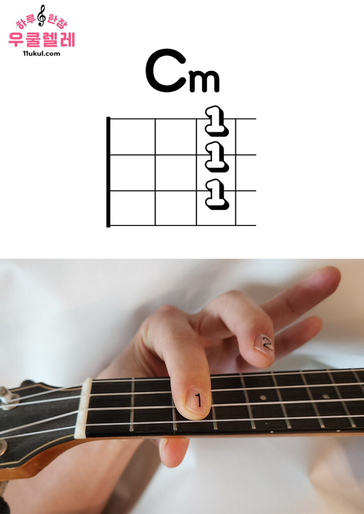 우쿨렐레 Cm 코드 잡는 방법(운지법) Ukulele Cm chord - 하루 한 장 우쿨렐레&기타[무료 코드 악보]