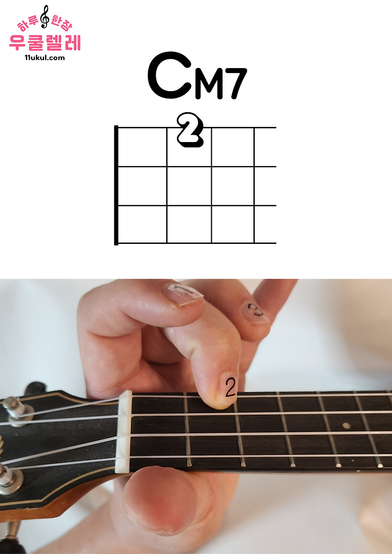 우쿨렐레 CM7 코드 잡는 방법(운지법) Ukulele CM7 chord - 하루 한 장 우쿨렐레&기타[무료 코드 악보]