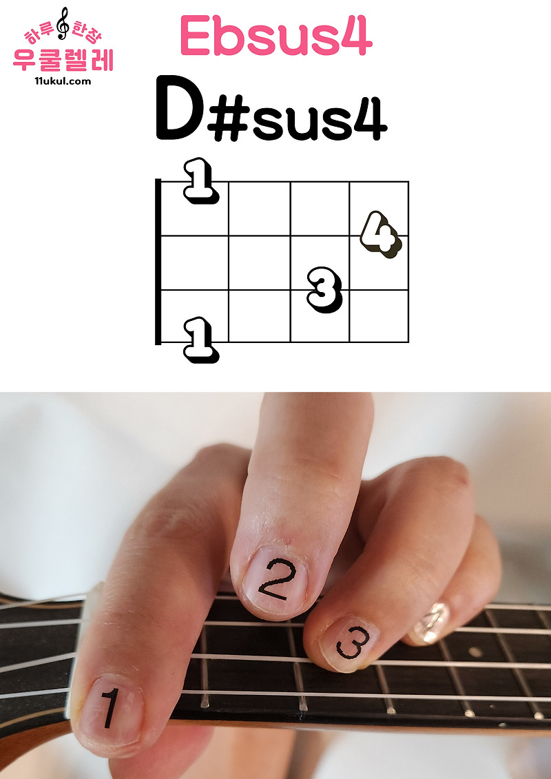 우쿨렐레 D#sus4 Ebsus4 코드 잡는 방법(운지법) Ukulele D#sus4 Ebsus4 chord - 하루 한 장 ...