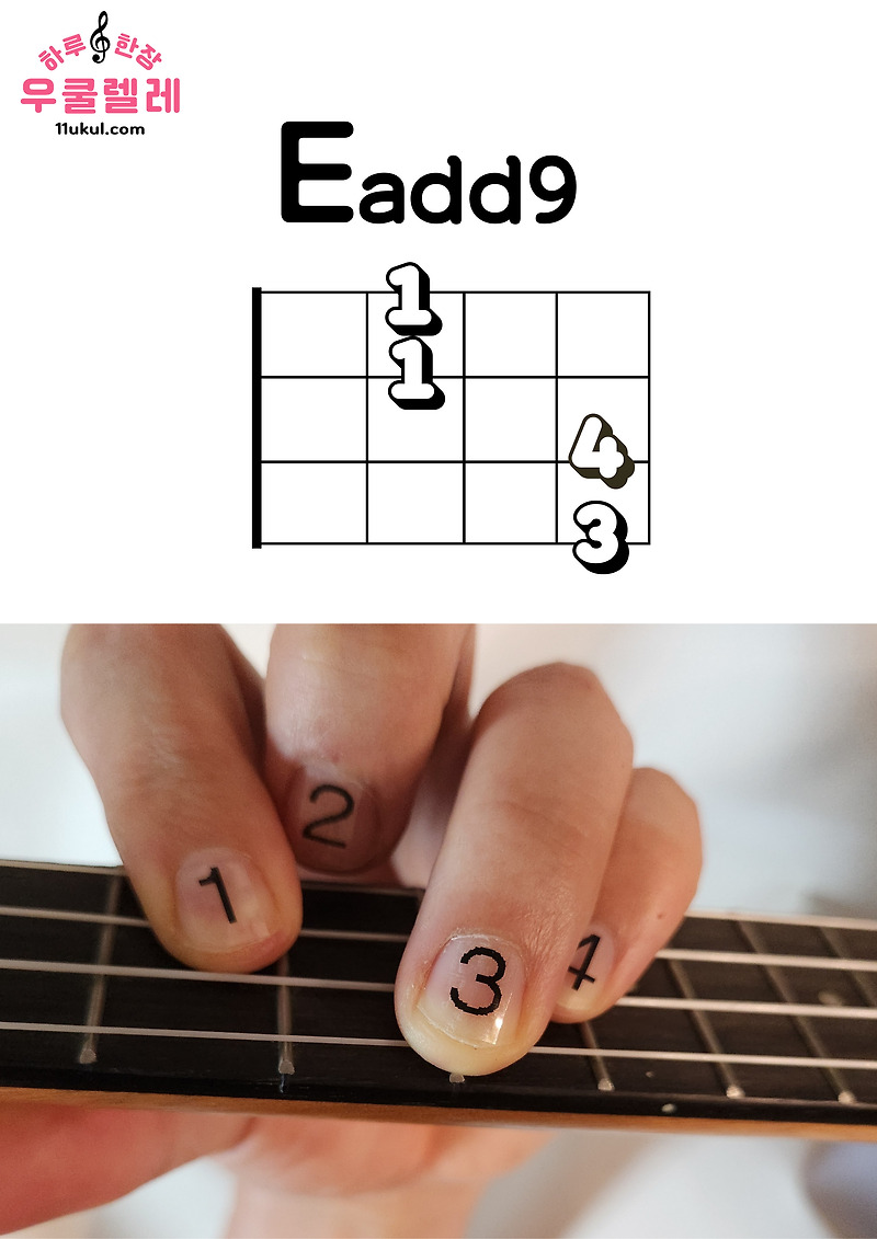 우쿨렐레 Eadd9 코드 잡는 방법(운지법) Ukulele E7add9 chord - 하루한장우쿨렐레기타[무료 코드 악보]