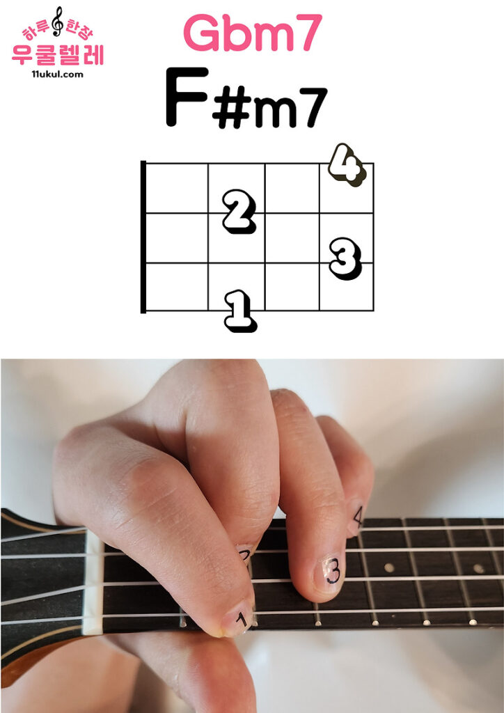 우쿨렐레 F#m7 Gbm7 코드 잡는 방법(운지법) Ukulele F#m7 Gbm7 chord - 하루한장우쿨렐레기타[무료 코드 악보]