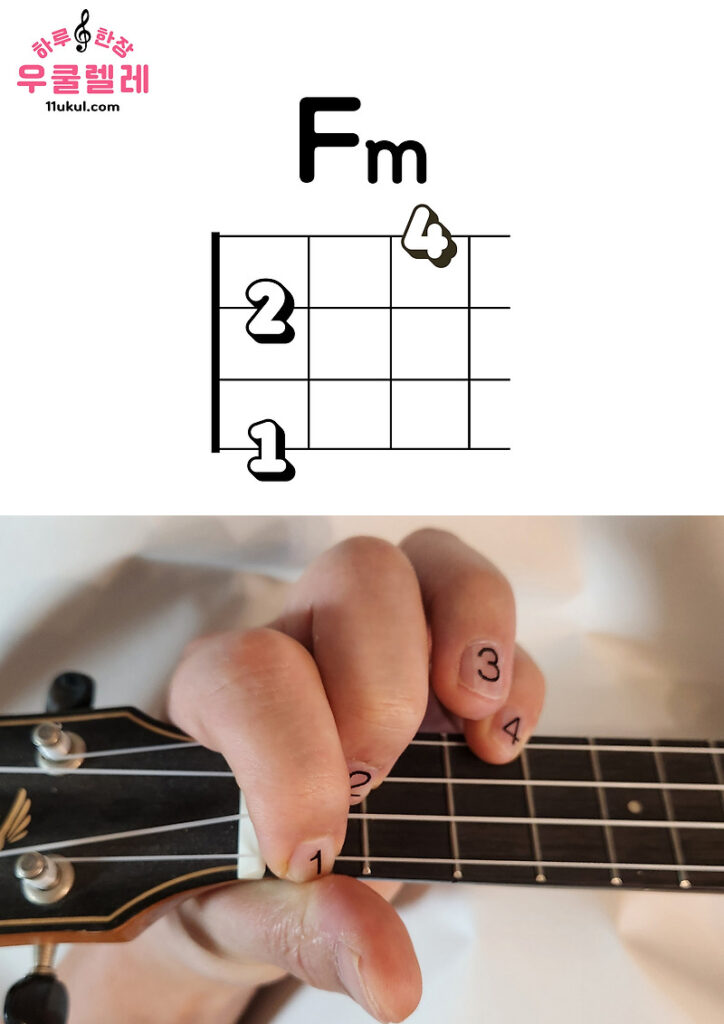 우쿨렐레 Fm 코드 잡는 방법(운지법) Ukulele Fm chord - 하루 한 장 우쿨렐레&기타[무료 코드 악보]