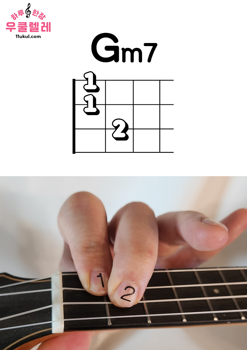 우쿨렐레 Gm7 코드 잡는 방법(운지법) Ukulele Gm7 chord - 하루한장우쿨렐레기타[무료 코드 악보]