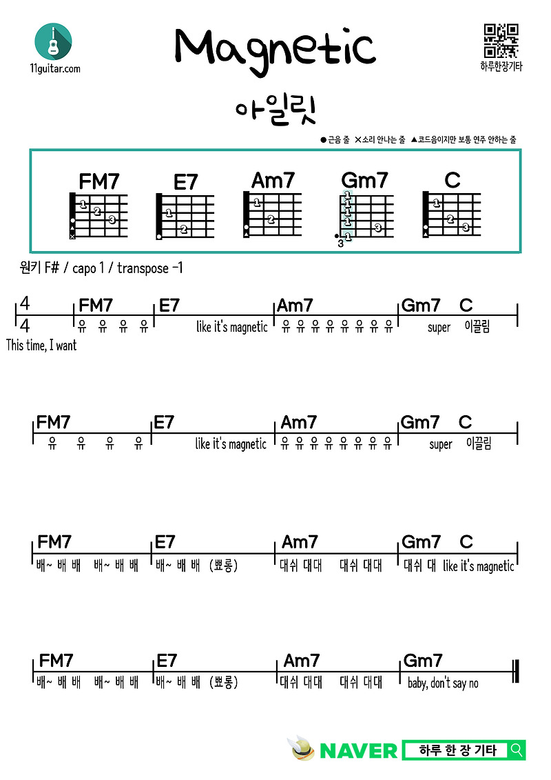 Magnetic(ILLIT)마그네틱_ (아일릿) 기타 쉬운 코드 악보 Guitar easy chords sheet music ...