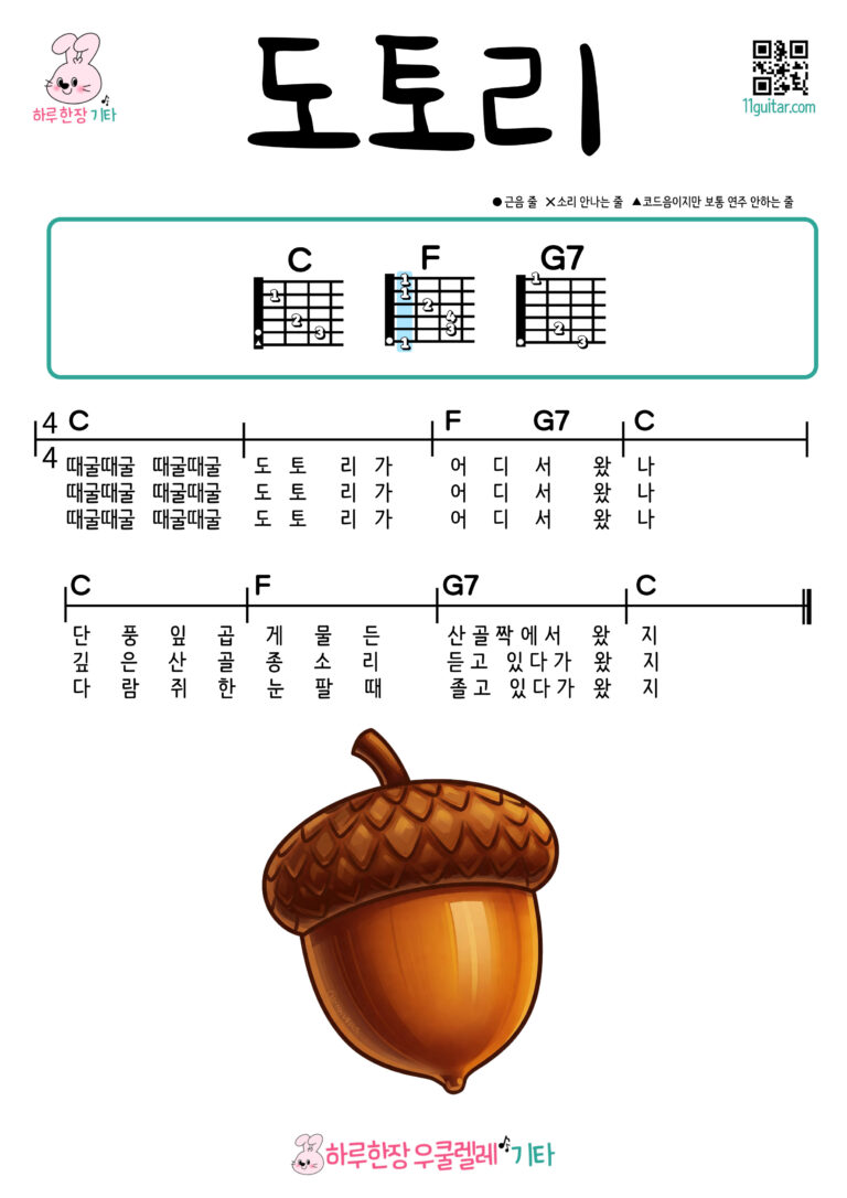 도토리(동요) 우쿨렐레 코드 악보 초보 쉬운곡 Acorn (Korean Children’s Song) Ukulele Easy ...